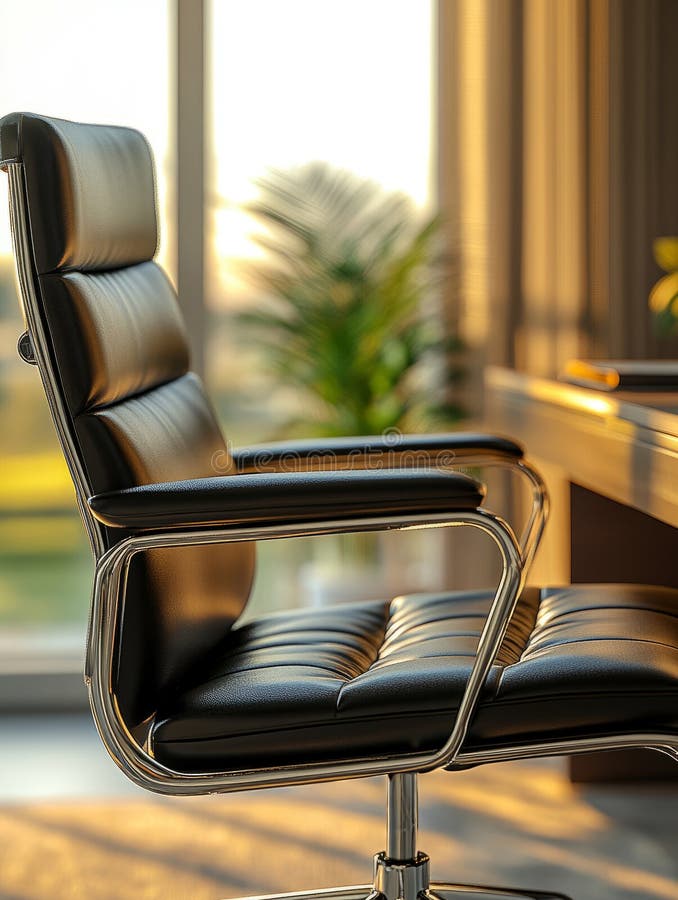 Modern Black Leather Office Chair in Sunlit Workspace. Stock Photo ...