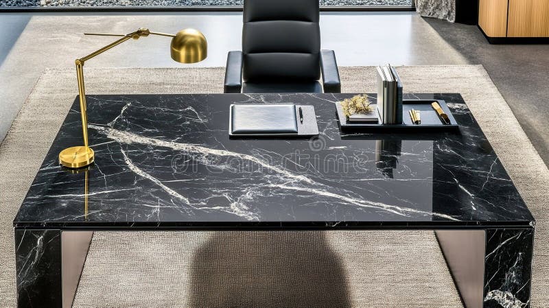 Modern Black Marble Desk, Office, City View, Workspace Stock Photo ...