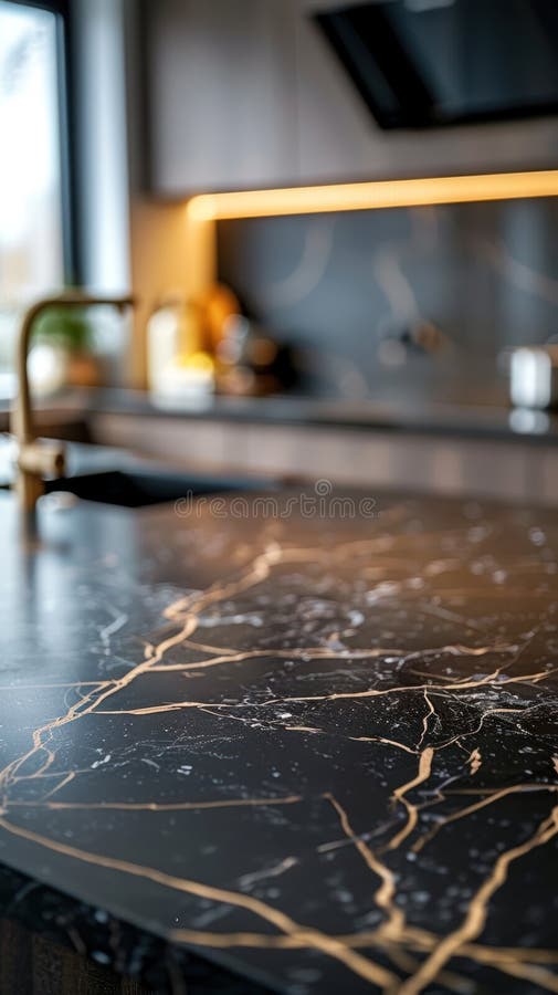 Modern Black Marble Kitchen Countertop Stock Image - Image of ...