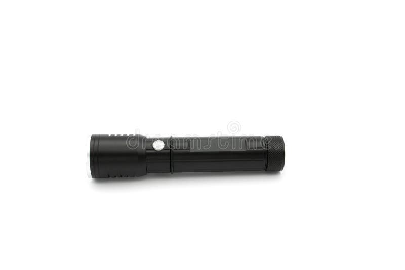 Modern Black Metal Flashlight Isolated on White Stock Photo - Image of ...