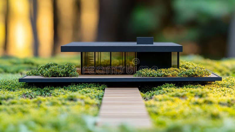 Modern Black Minimalist House Model on Mossy Surface Stock Illustration ...