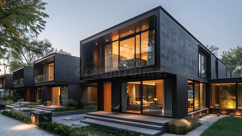 Modern Black Modular Homes at Twilight. Concept Architecture, Design ...