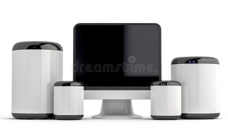 Modern Black Monitor and White Cylindrical Devices on Clean White Stock ...