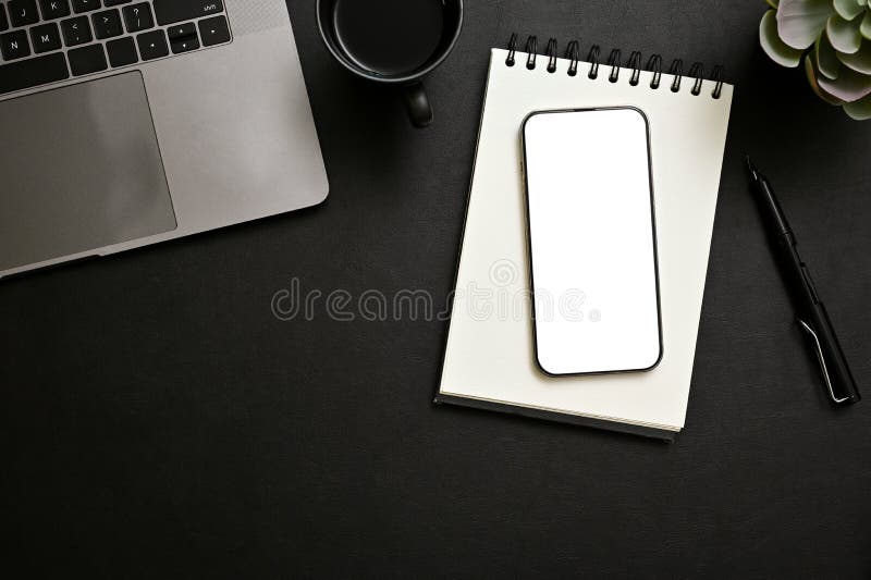 Modern Black Office Desk Workspace Top View with Smartphone Mockup ...