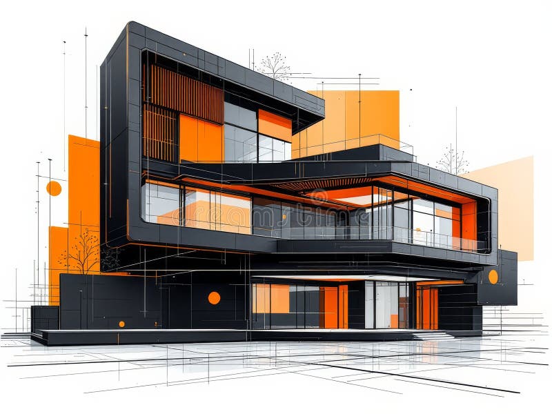 Modern Black and Orange Building Exterior Design Drawing Stock Photo ...