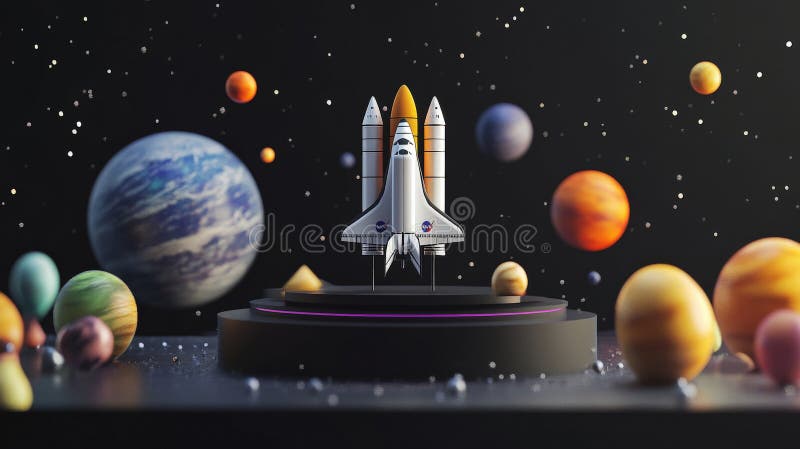 A Modern Black Podium with Space Shuttle Models, Distant Stars, and ...