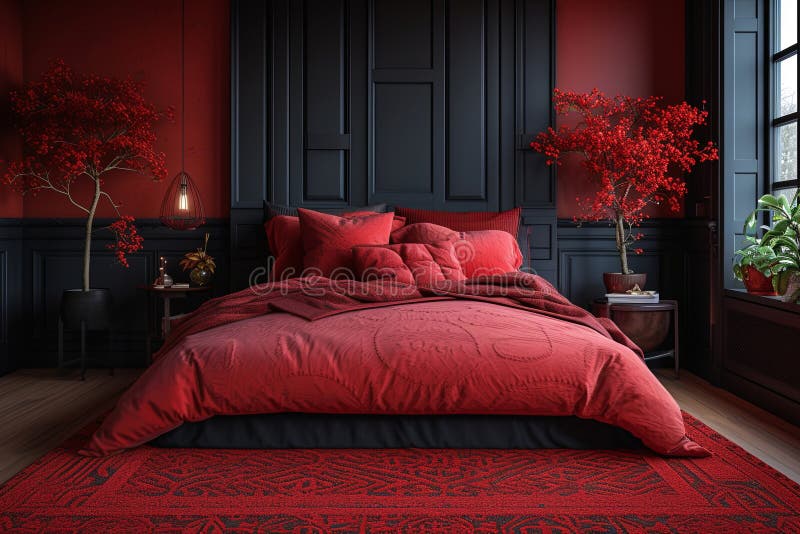 Modern Black and Red Bedroom with a Large Bed Stock Illustration ...