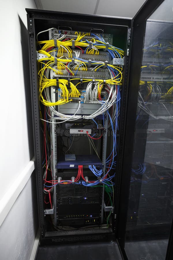 Server Room with Black Metal Computer Cabinets Stock Image - Image of ...