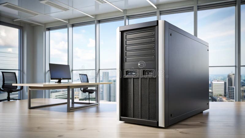 Modern Black Server Tower on Clean White Desk HighTech Workstation for ...