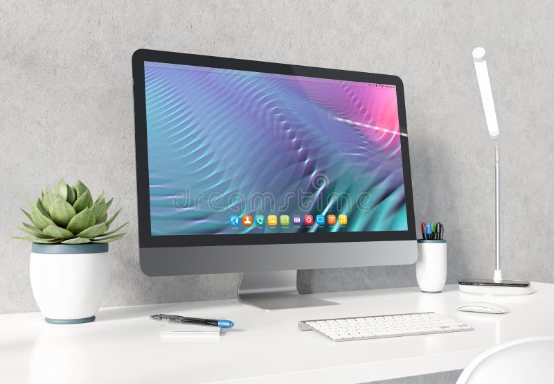 Modern Black and Silver Computer on White Desktop Concrete Interior ...