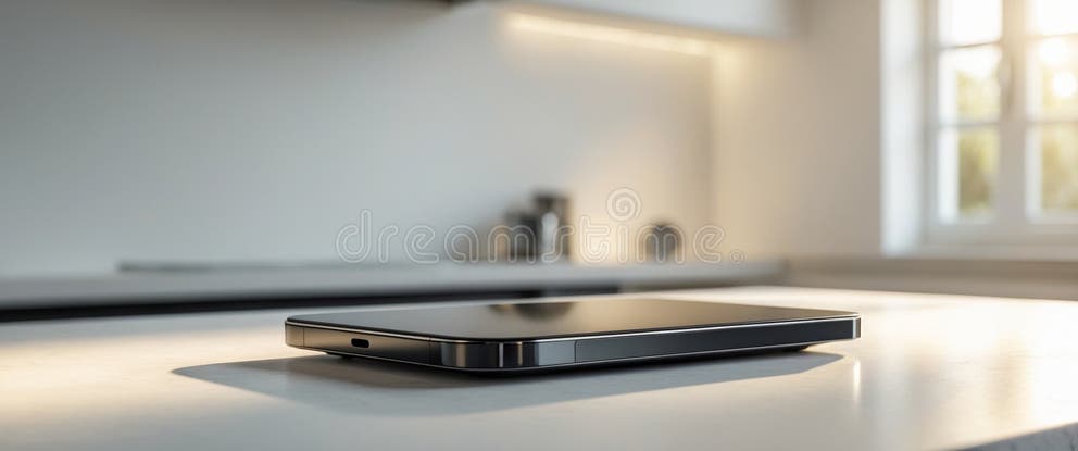 Modern Black Smart Device on Kitchen Counter with Natural Light. Stock ...