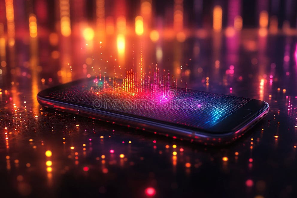A Modern Black Smartphone Lies on a Table Surrounded by Small Glowing ...