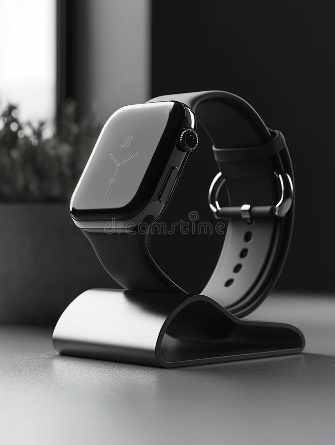 Modern Black Smartwatch Resting on a Sleek Charging Dock with a Stylish ...