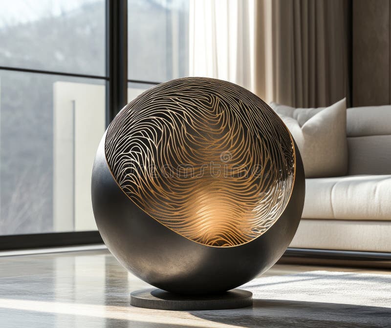 Modern Black Sphere Lamp with Gold Interior on Hardwood Floor Stock ...