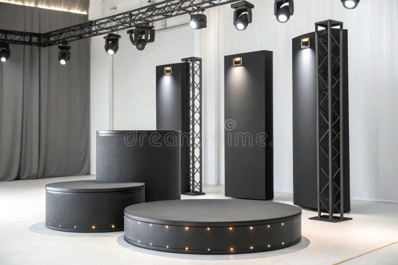 Modern Black Stage Setup with Lighting and Backdrops Stock Illustration ...