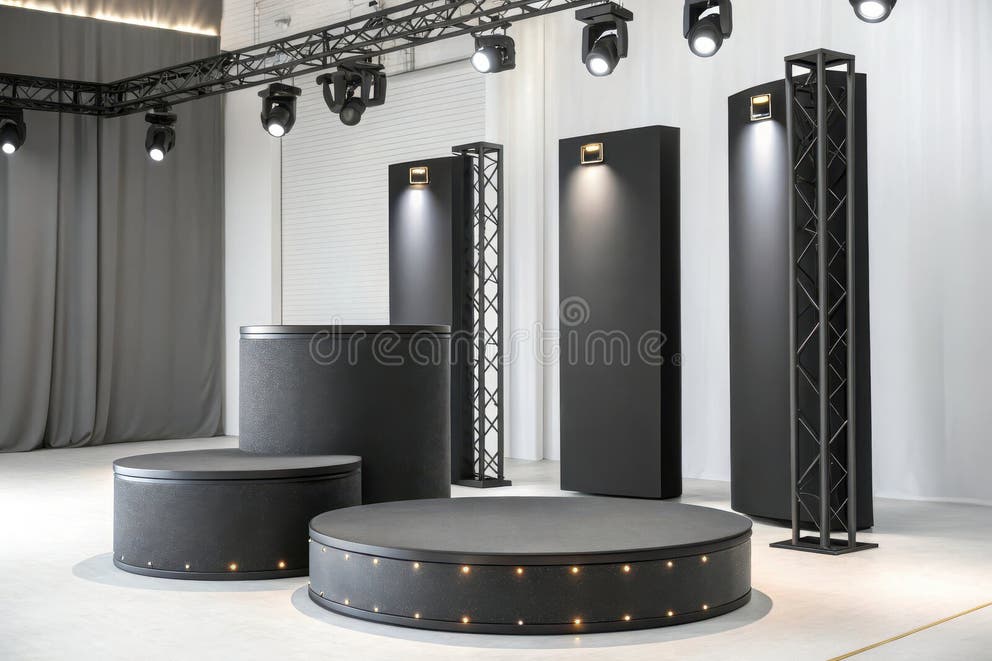 Modern Black Stage Setup with Lighting and Backdrops Stock Illustration ...