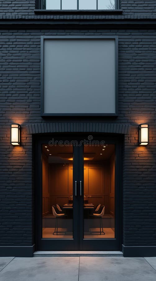 Modern Black Storefront with Blank Sign and Illuminated Glass Doors ...