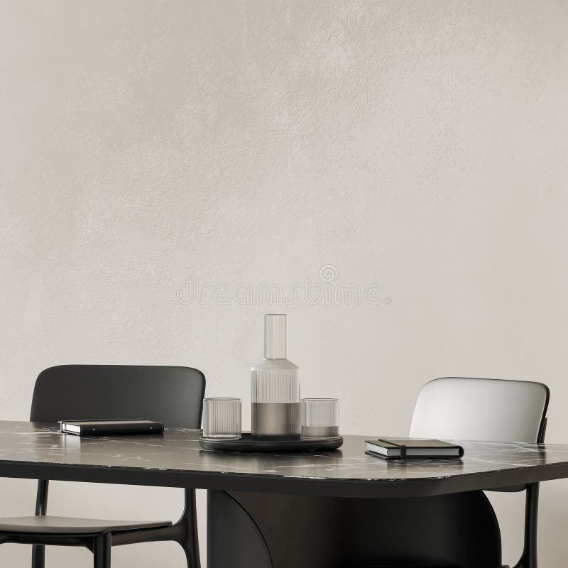 Modern Black Table and Chairs with Notebooks and Glass of Water, Empty ...
