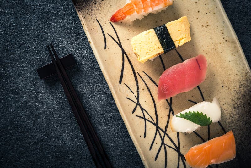 Modern Black Table and Japanese Sushi Stock Image - Image of lunch ...