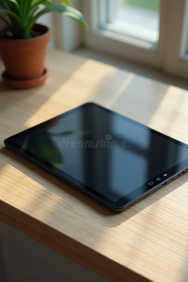 Modern Black Tablet, Pristine White Wood Grain, White Wood, Studio Shot ...