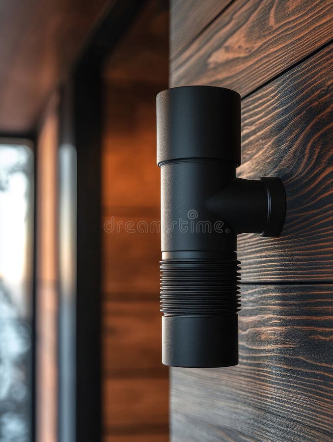 Modern Black Wall Lamp on Wooden Paneling Stock Photo - Image of lamp ...