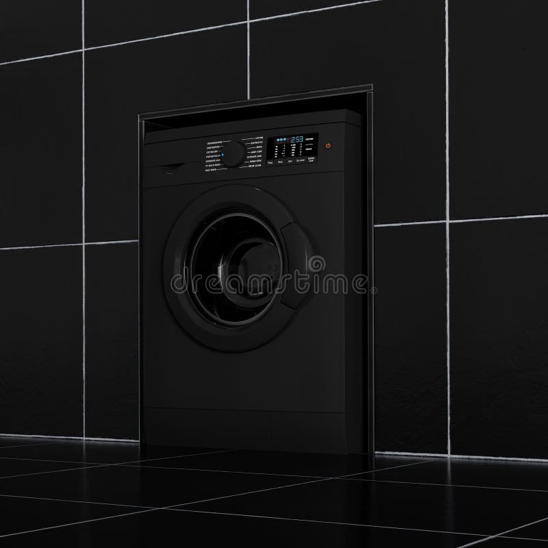 Modern Black Washing Machine in Bathroom with Black Tiles. 3d Rendering ...
