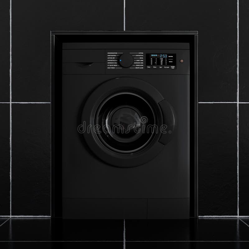 Modern Black Washing Machine in Bathroom with Black Tiles. 3d Rendering ...