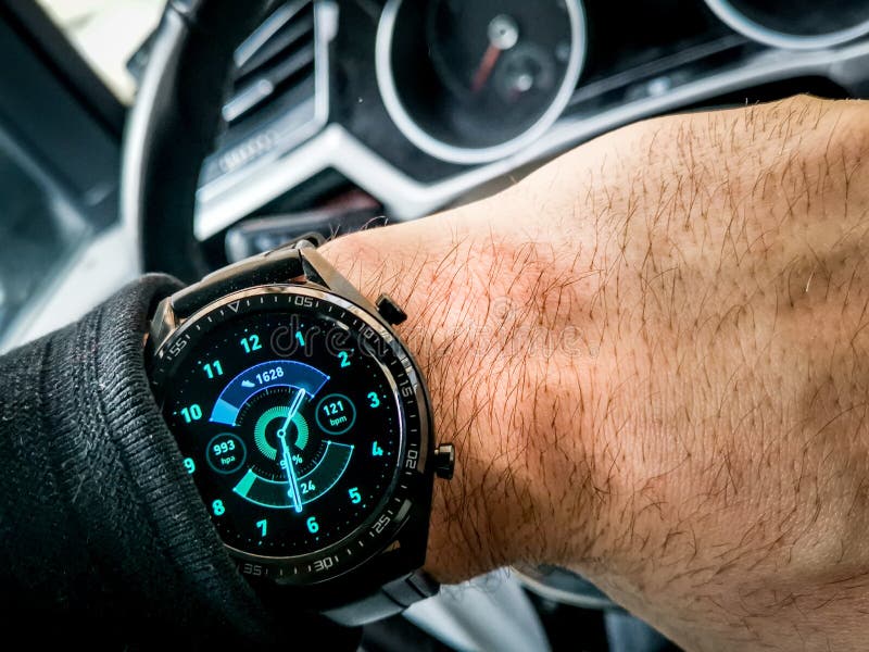 Modern Black Watch on a Wrist of a Man Sitting in a Car Stock Photo ...
