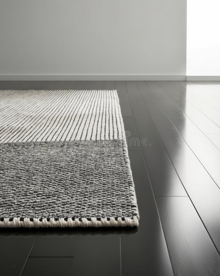 Modern Black and White Area Rug on Wooden Floor. Stock Image - Image of ...