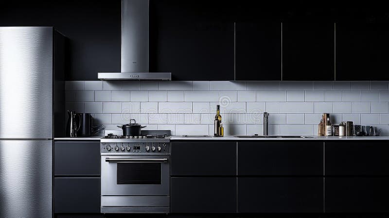Modern Black and White Kitchen, Appliances, Light Streaming, Interior ...