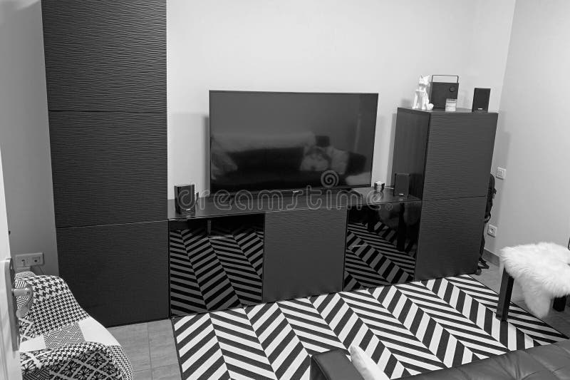 Modern Black and White TV Lounge Stock Image - Image of iron ...