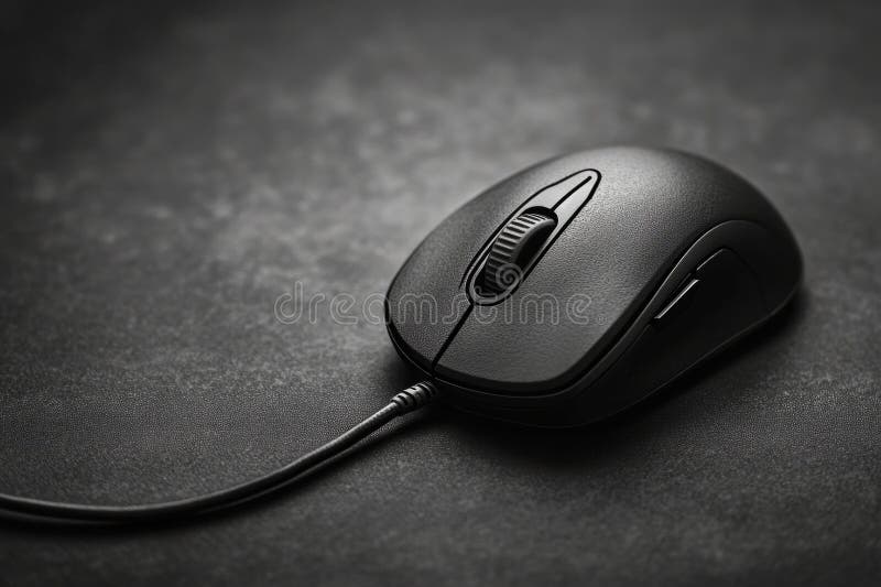 Modern Black Wired Computer Mouse Resting on a Dark Stone Desk ...
