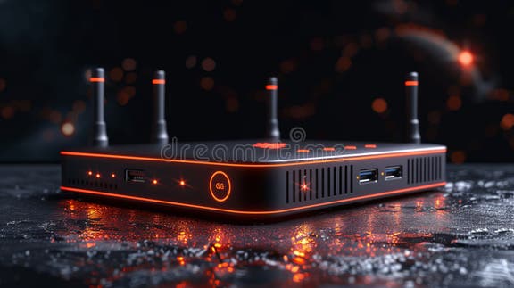 Modern Black Wireless Router with Orange Lights on a Dark Surface Stock ...