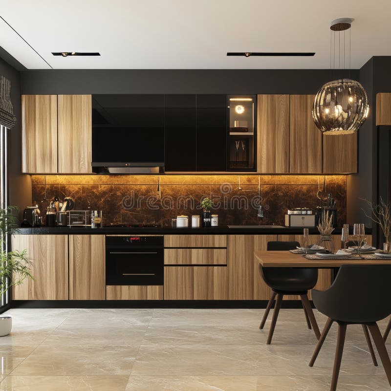 Modern Black and Wood Kitchen with Elegant Lighting and Decor Stock ...
