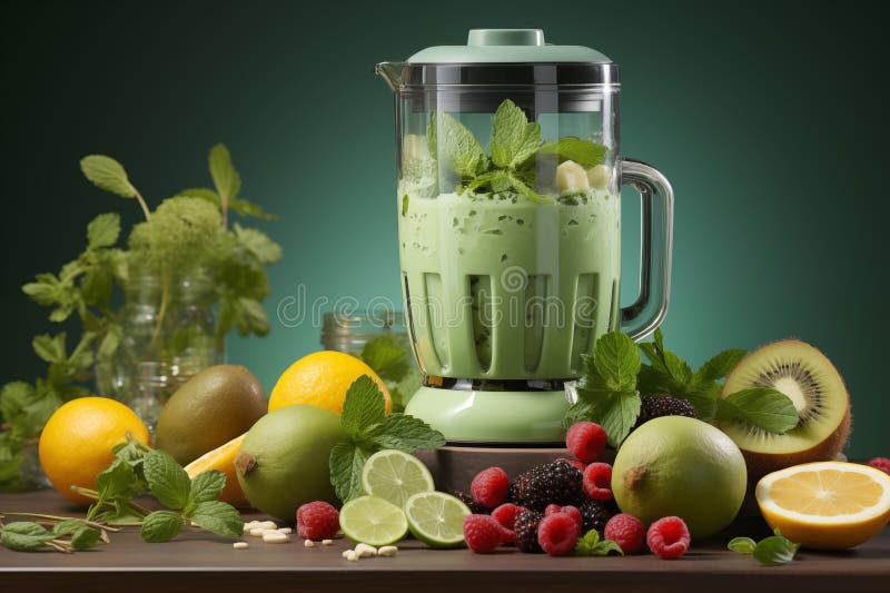 Modern Blender with Fresh Fruits on Table in Kitchen. Fresh Fruit and ...