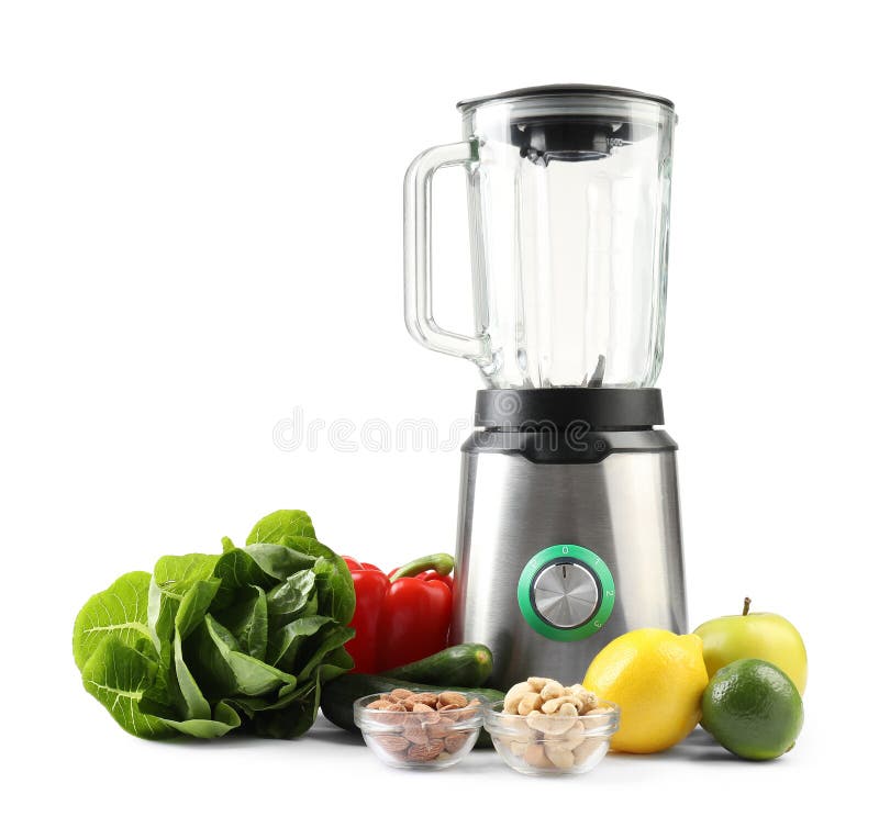 Modern Blender and Fresh Products Isolated on White Stock Photo - Image ...