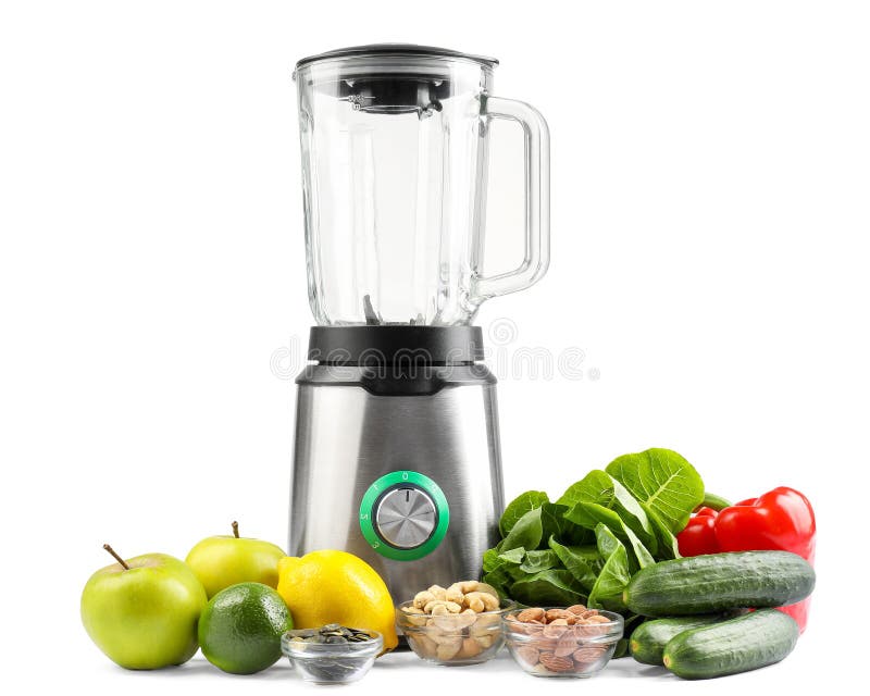 Modern Blender and Fresh Products Isolated on White Stock Illustration ...