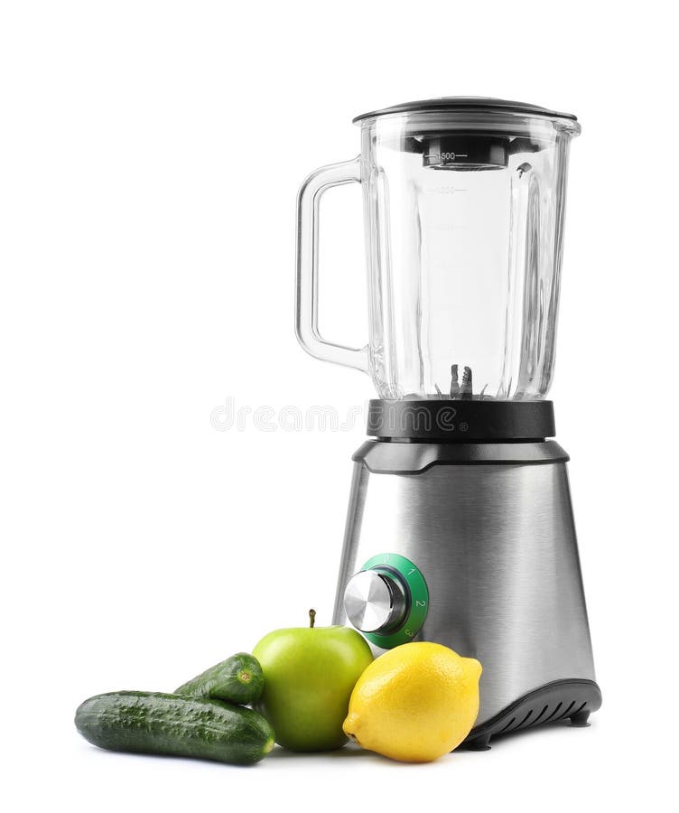 Modern Blender and Fresh Products Isolated on White Stock Photo - Image ...