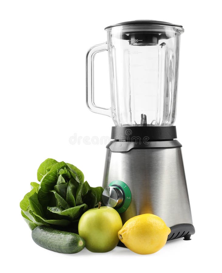 Modern Blender and Fresh Products Isolated on White Stock Photo - Image ...