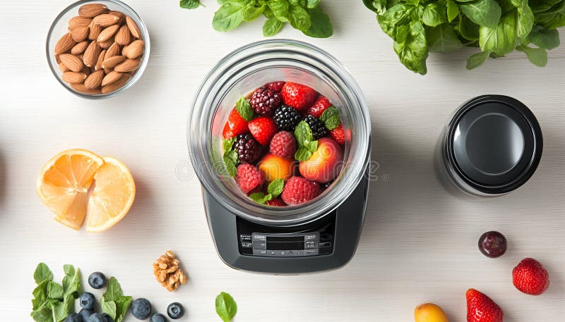 Modern Blender with Smoothie and Ingredients on Light Wooden Table, Top ...