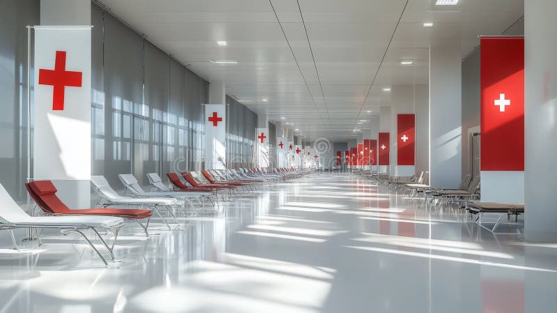 Modern Blood Donation Event Space with Red Cross Decorations Stock ...