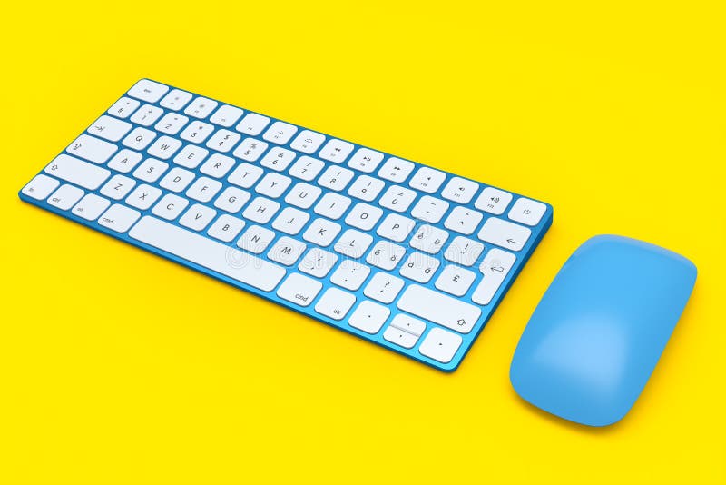 Modern Blue Aluminum Computer Keyboard and Mouse Isolated on Yellow ...