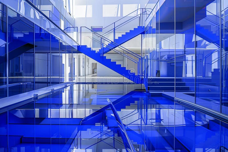 Modern Blue Architecture with Reflections and Geometric Designs Stock ...