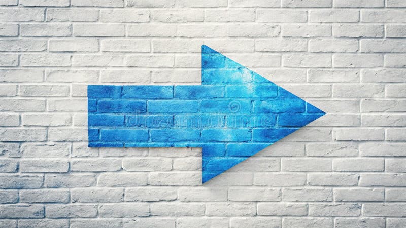 Modern Blue Arrow Directional Sign Against a Clean White Brick Wall ...