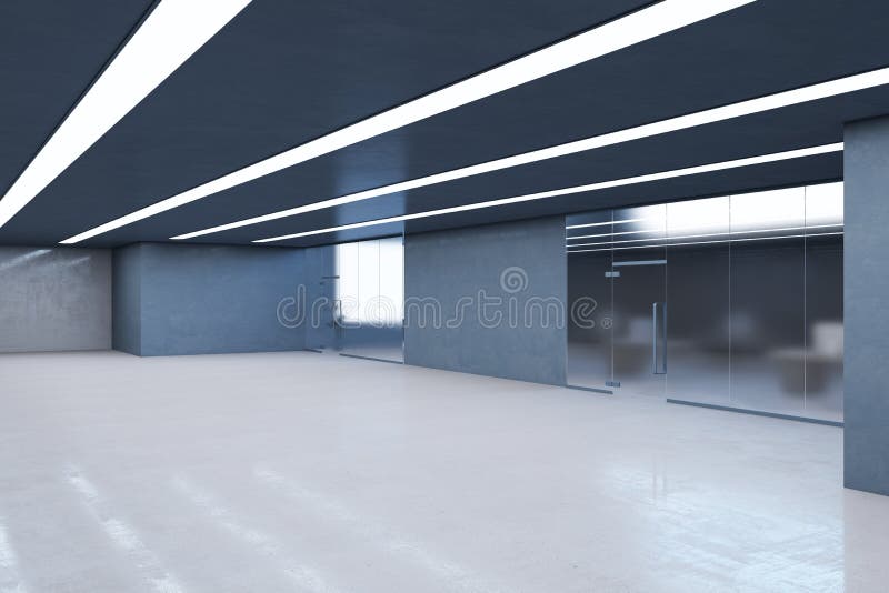 Modern Blue Blurry Glass Office Interior with Lights on Ceiling. Stock ...