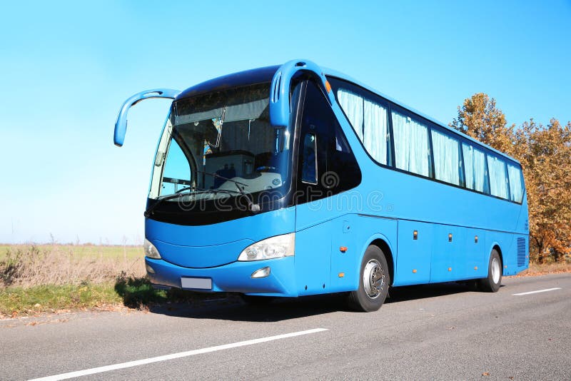 Modern blue bus on road. stock image. Image of leisure - 139675987