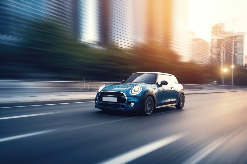 Modern Blue Car is Going by the Highway Stock Photo - Image of blue ...