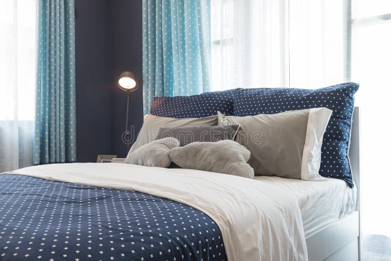 Modern Blue Color Tone Bedroom Interior Design Stock Image - Image of ...