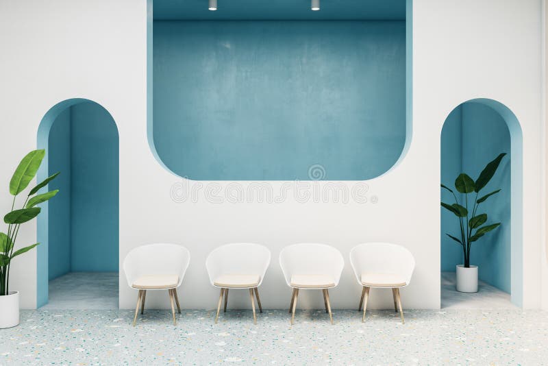 Modern Blue Concrete Waiting Area in Interior with Chairs and Plant ...
