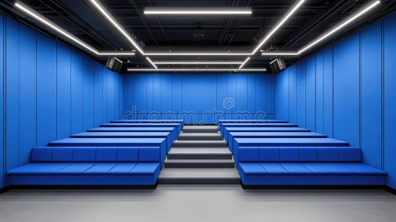 Modern Blue Conference Room with Tiered Seating and Led Lighting Stock ...